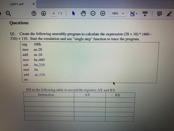 Solved Lab01.pdf X © 4 75 100% Questions Q1. Create the | Chegg.com