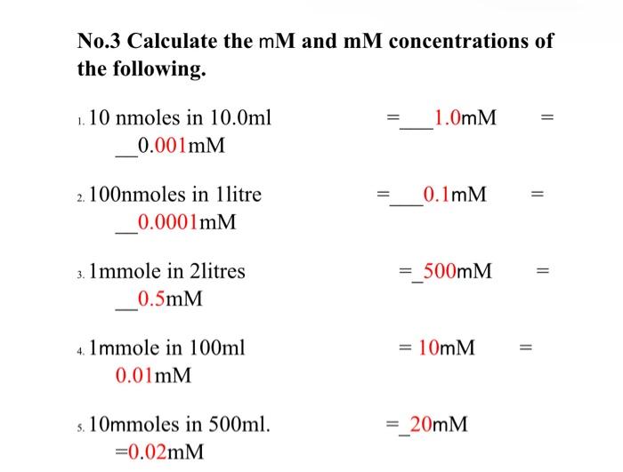 Solved No.3 Calculate the mM and mM concentrations of the | Chegg.com