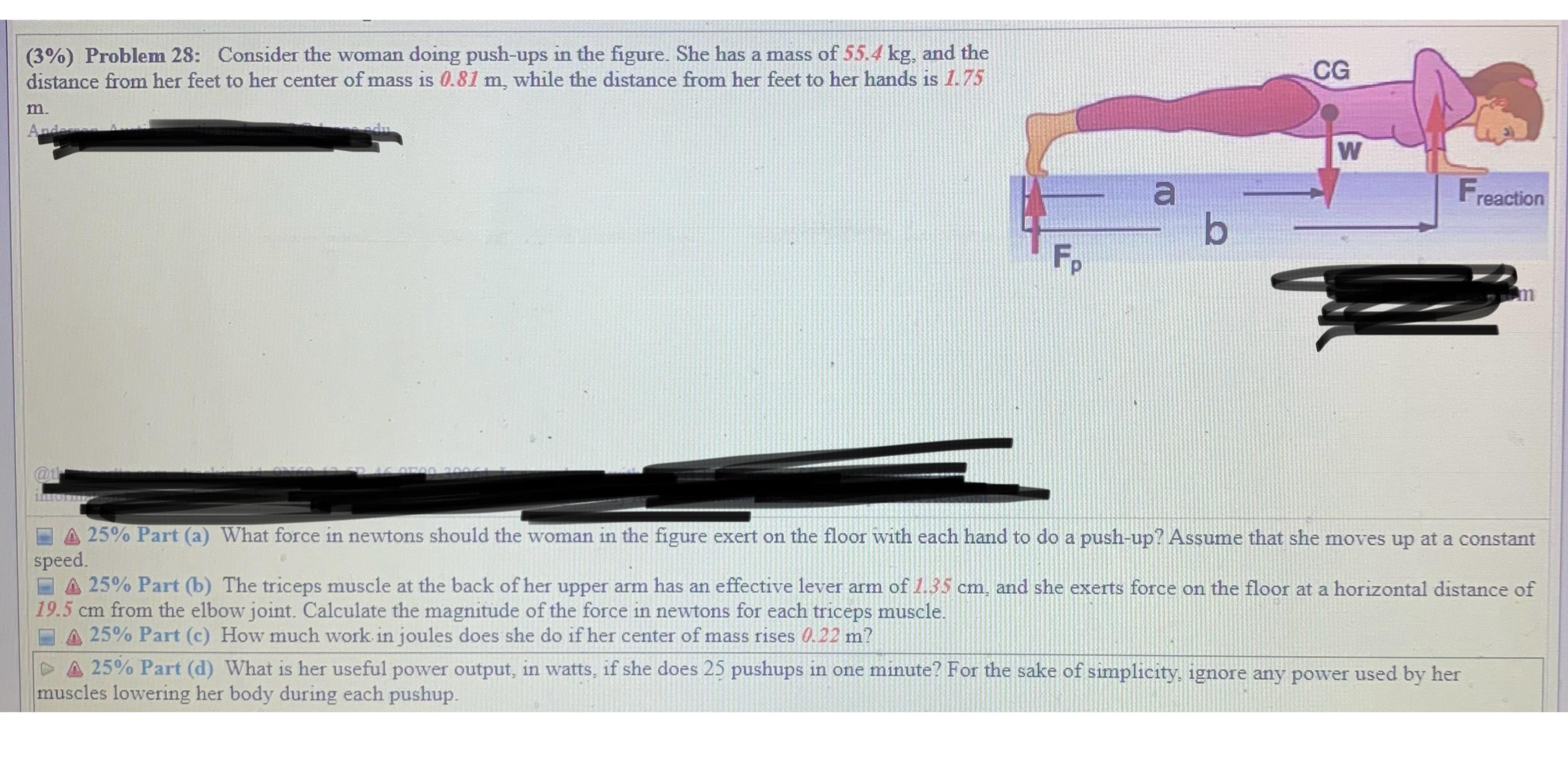 Solved (3%) ﻿Problem 28: Consider the woman doing push-ups | Chegg.com