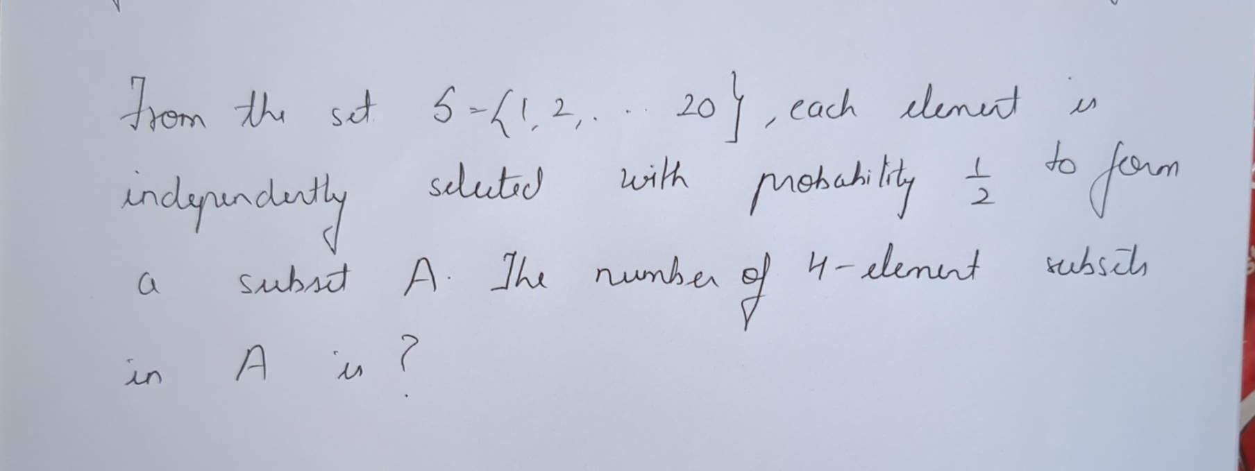 Solved From the set S={1,2,dots20}, ﻿each element is | Chegg.com