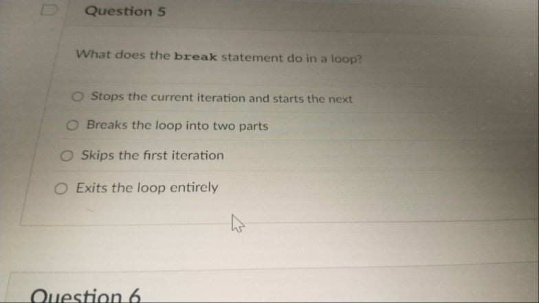 Solved Question 5What does the break statement do in a | Chegg.com