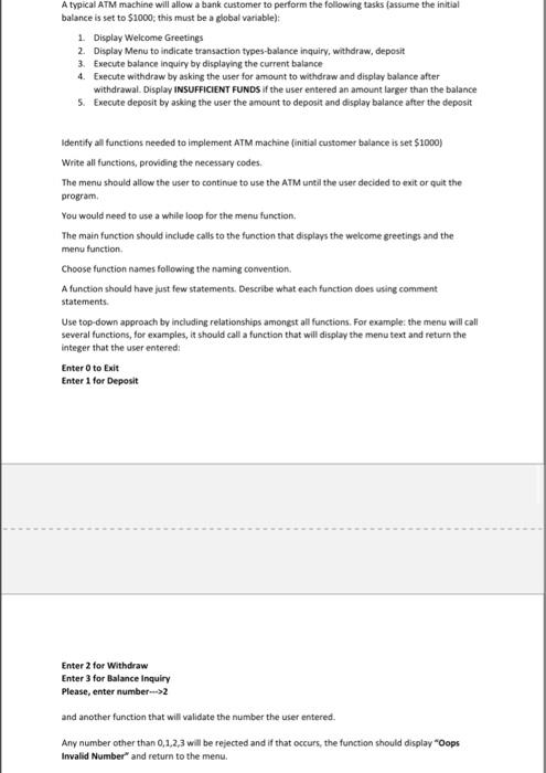 Solved A typical ATM machine will allow a bank customer to | Chegg.com