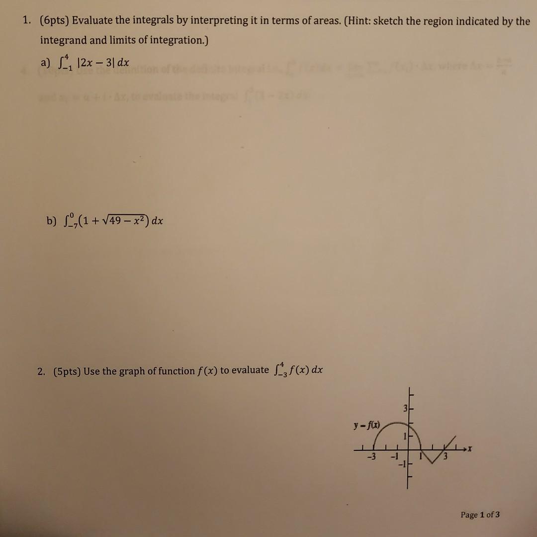Solved 1. (6pts) Evaluate the integrals by interpreting it | Chegg.com