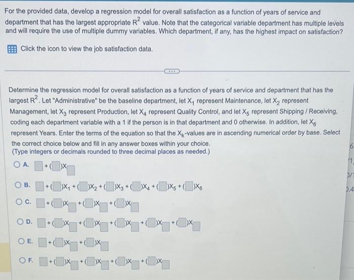 Solved For the provided data, develop a regression model for | Chegg.com
