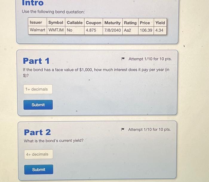 Solved Use the following bond quotation: Part 1. Attempt | Chegg.com