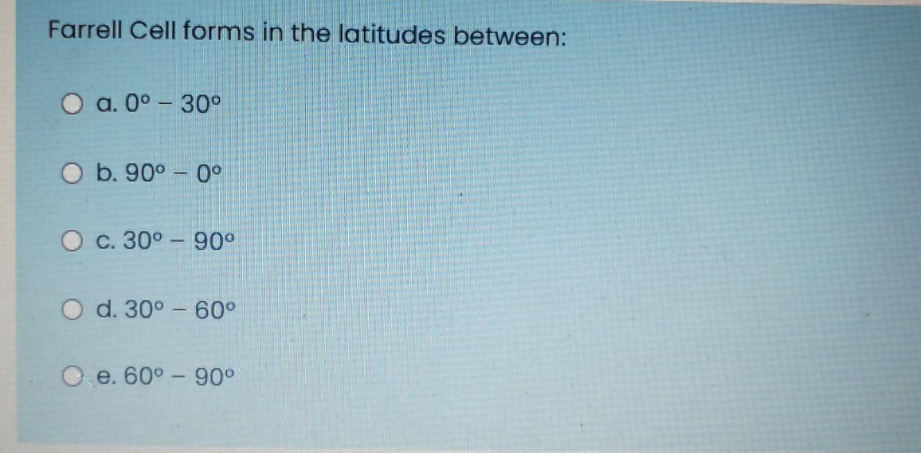Solved Farrell Cell forms in the latitudes between: O a. 0° | Chegg.com