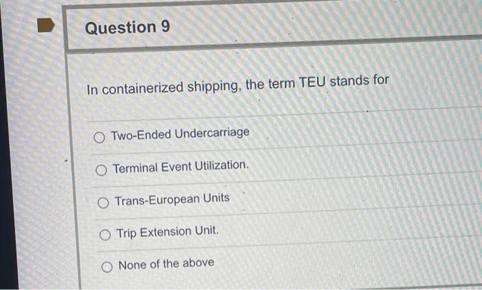 Solved In containerized shipping, the term TEU stands for | Chegg.com