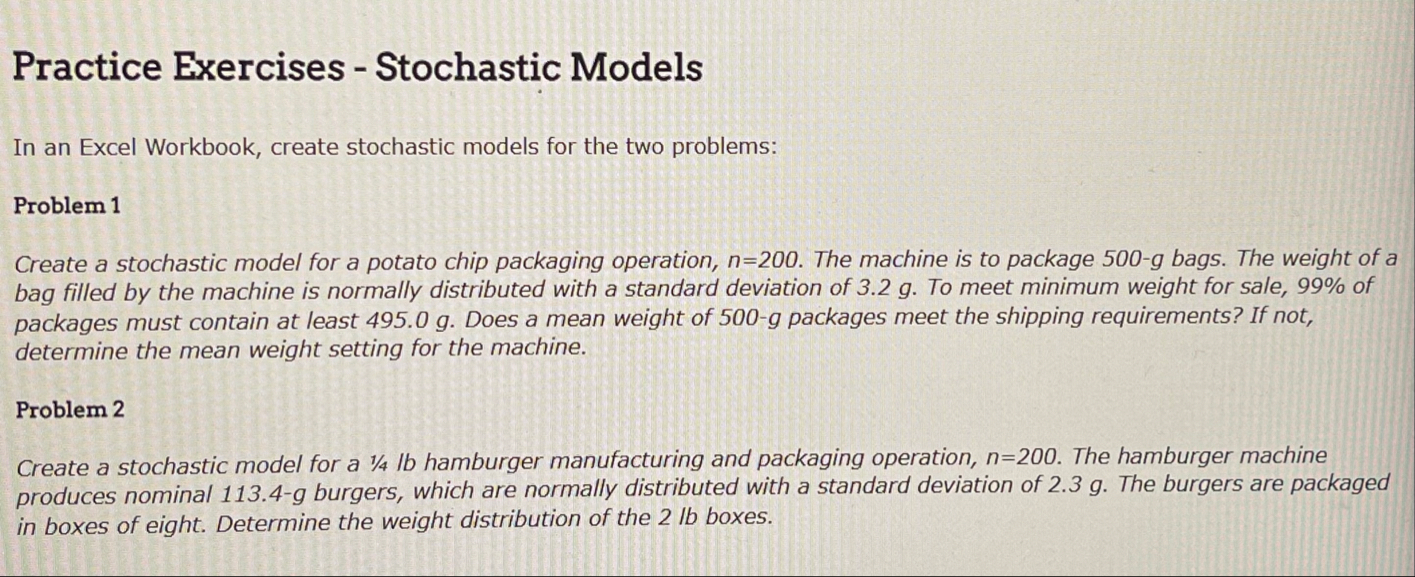 Solved Practice Exercises - ﻿Stochastic ModelsIn an Excel | Chegg.com