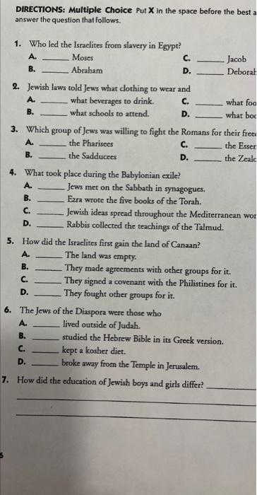 DIRECTIONS: Multiple Choice Put X in the space before | Chegg.com