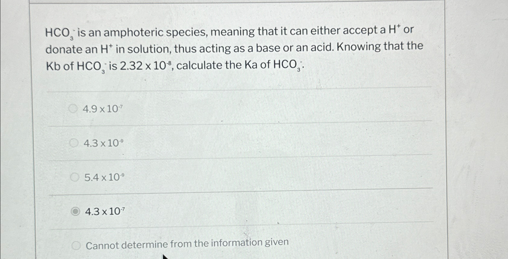Solved HCO3 ﻿is an amphoteric species, meaning that it can | Chegg.com