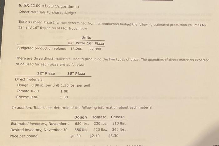 Solved 8. EX.22.09.ALGO (Algorithmic) Direct Materials | Chegg.com