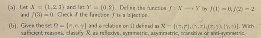 (a). Let X={1,2,3} and let Y={0,2}. Define the | Chegg.com