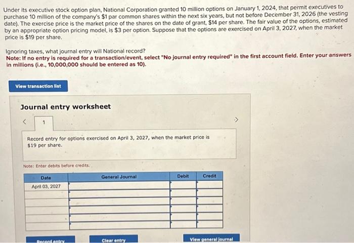 Solved Under its executive stock option plan, National | Chegg.com