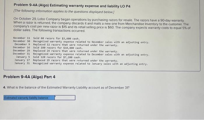 Solved Problem 9-4A (Algo) Estimating warranty expense and | Chegg.com