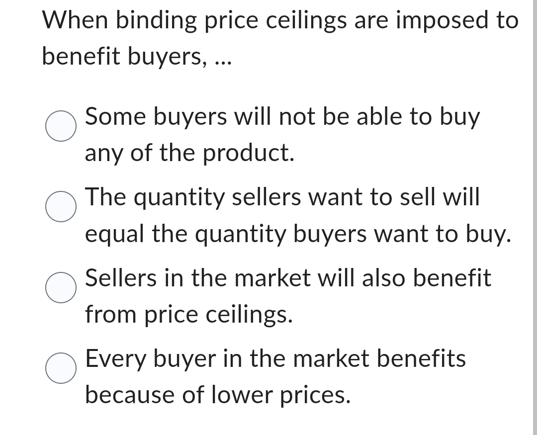Solved When binding price ceilings are imposed to benefit | Chegg.com