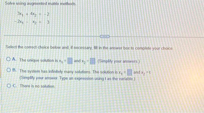Solved Solve using augmented matrix methods. | Chegg.com