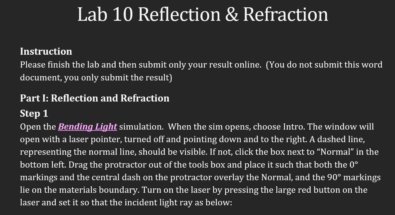 Solved Lab 10 ﻿Reflection & RefractionInstructionPlease | Chegg.com