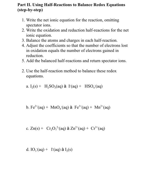Solved Part I. Balancing a Net Ionic Redox Equation | Chegg.com