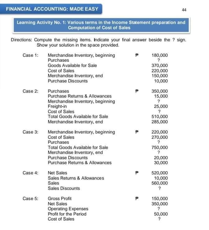 Solved FINANCIAL ACCOUNTING: MADE EASY 44 Learning Activity | Chegg.com