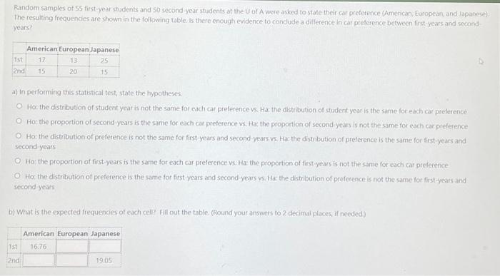 Solved Random samples of 55 first-year students and 50 | Chegg.com