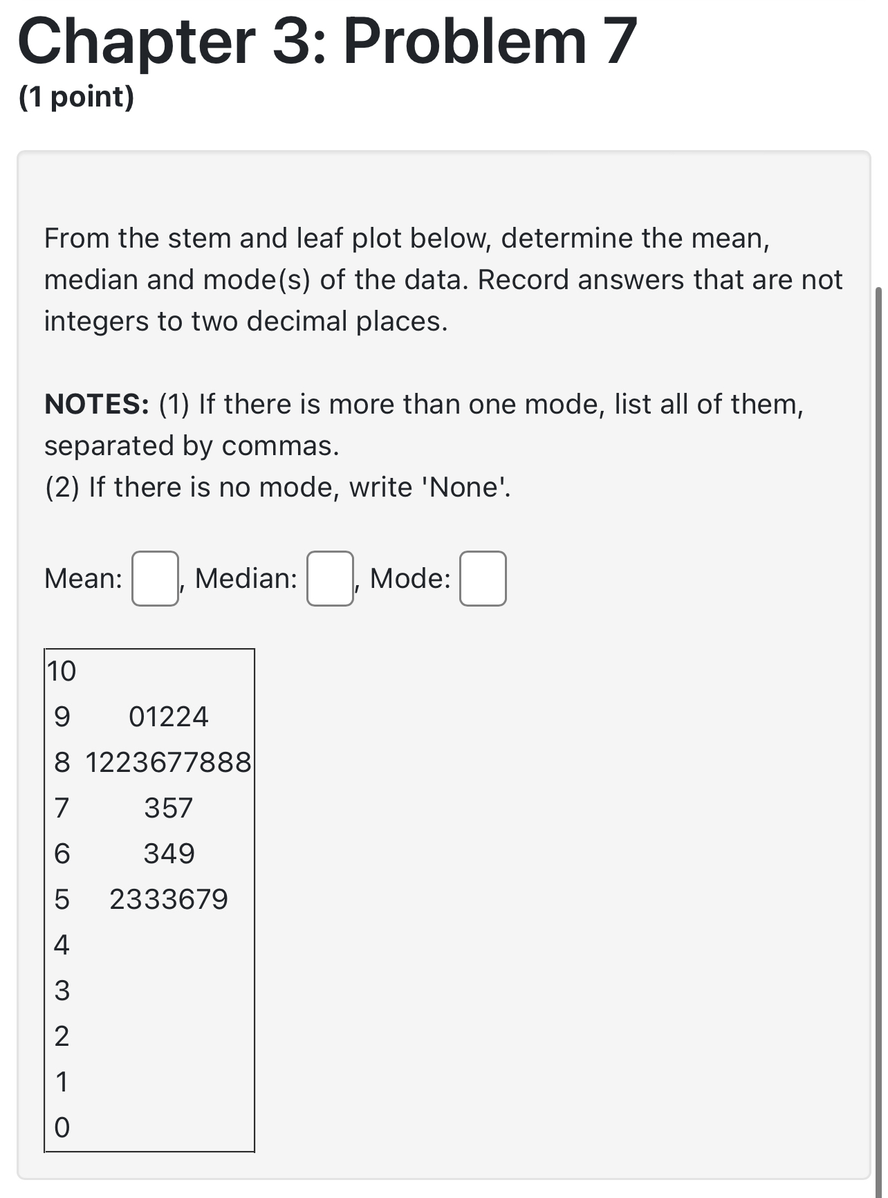 Solved Chapter 3: Problem 7(1 point)From the stem and leaf | Chegg.com Solved Chapter 3: Problem 7(1 point)From the stem and leaf | Chegg.com