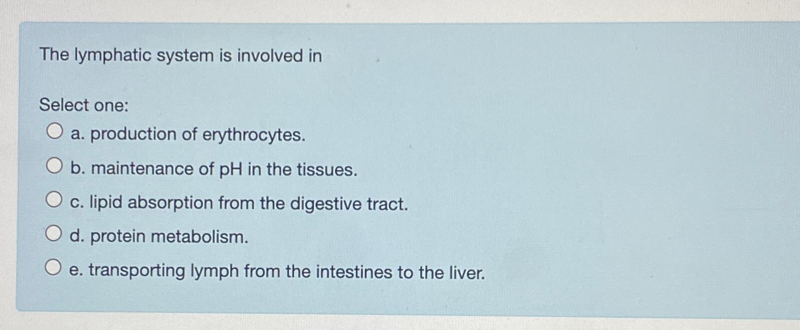 Solved The lymphatic system is involved inSelect one:a. | Chegg.com