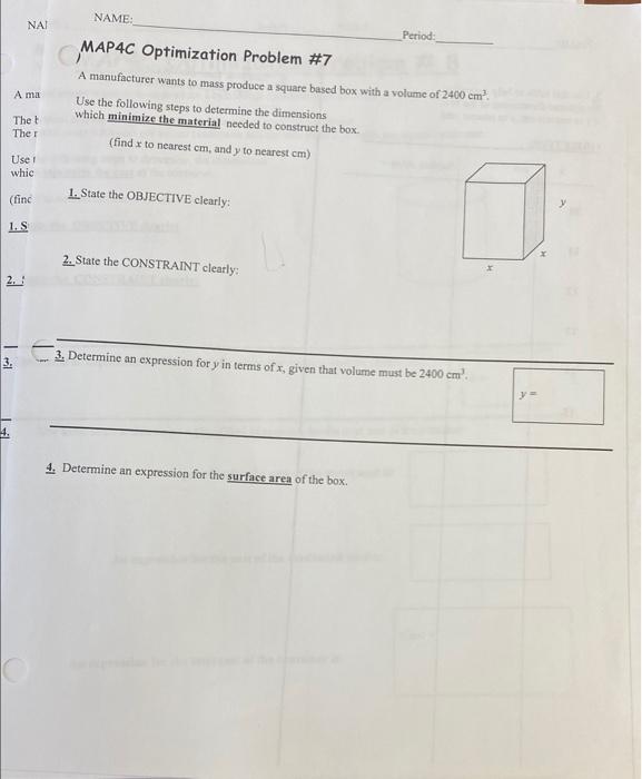 Solved MAP4C Optimization Problem \#7 A manufacturer wants | Chegg.com