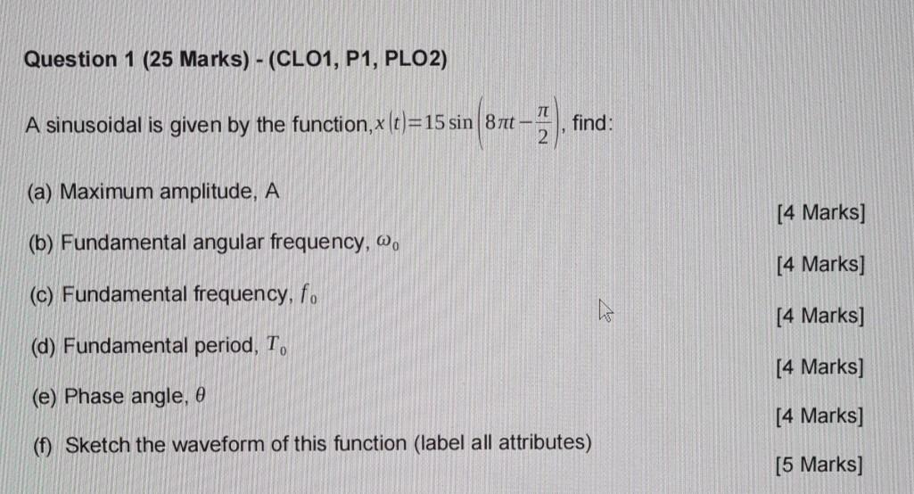 Solved Question 1 (25 Marks) - (CLO1, P1, PLO2) A sinusoidal | Chegg.com
