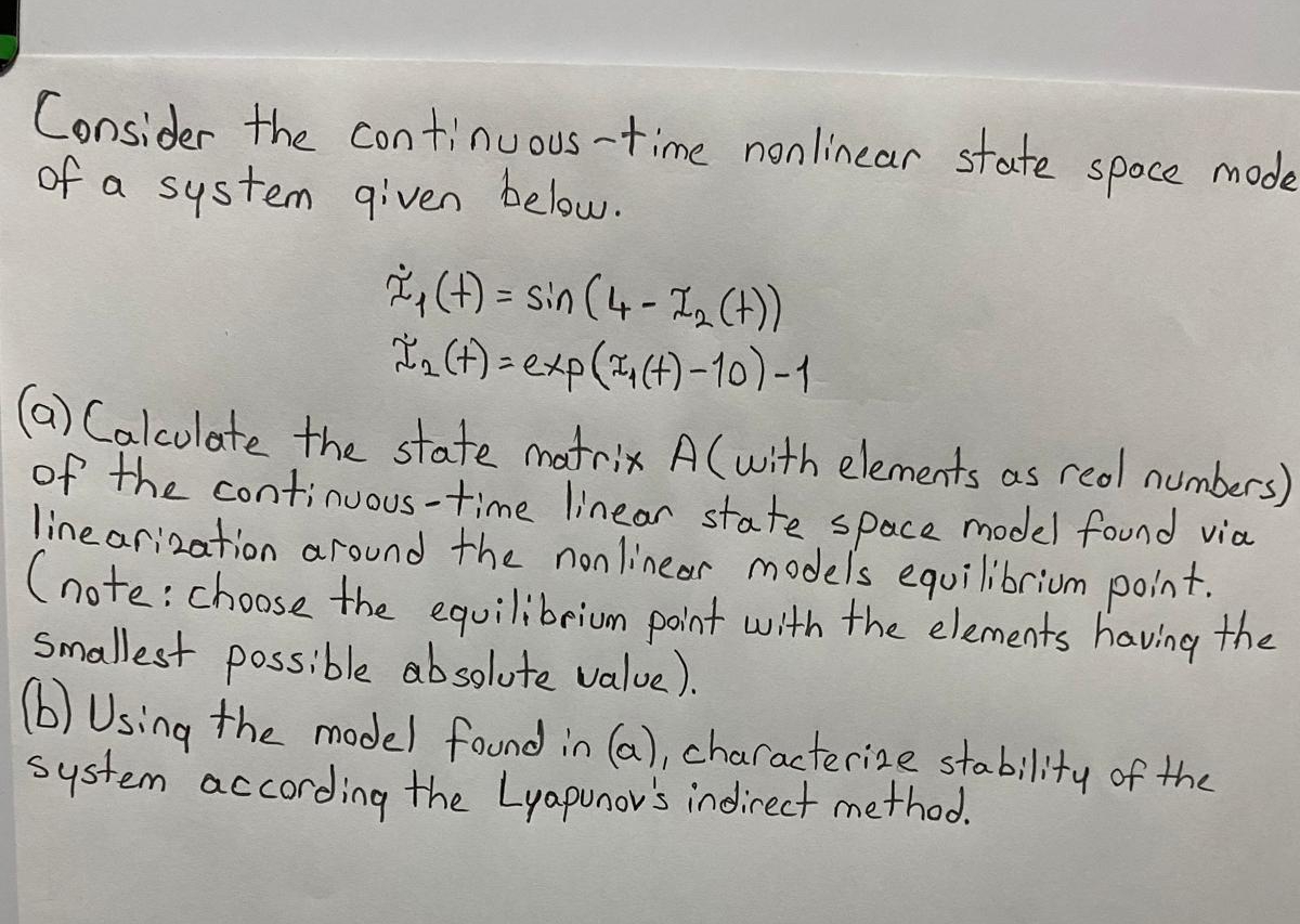 Solved Consider The Continuous Time Nonlinear State Space