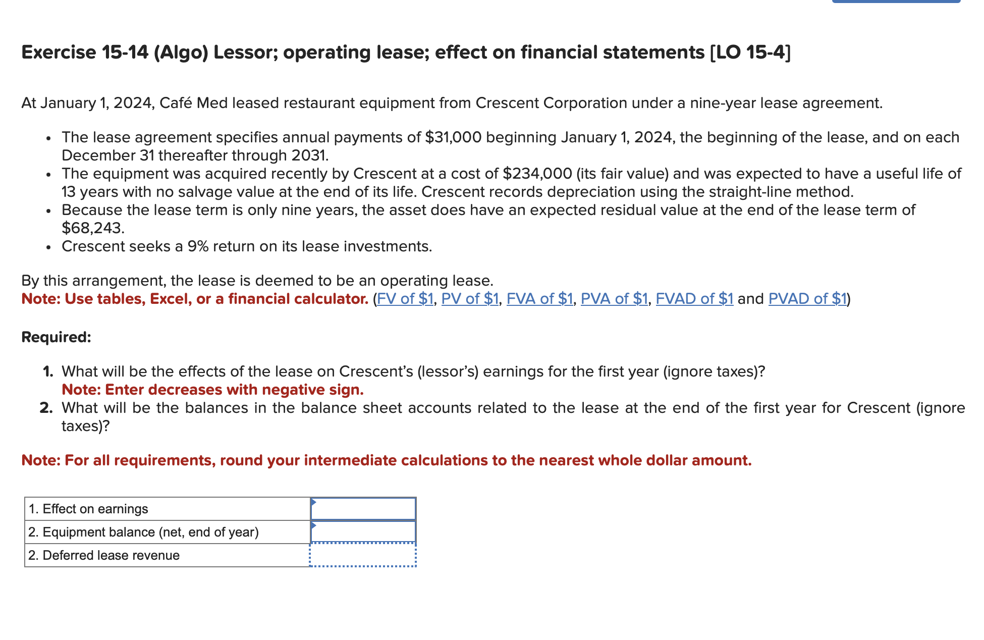 Solved Exercise 15-14 (Algo) ﻿Lessor; operating lease; | Chegg.com