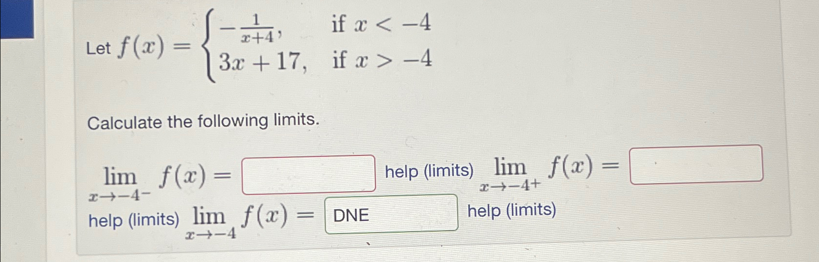 Solved Let f(x)={-1x+4, if x -4Calculate the | Chegg.com