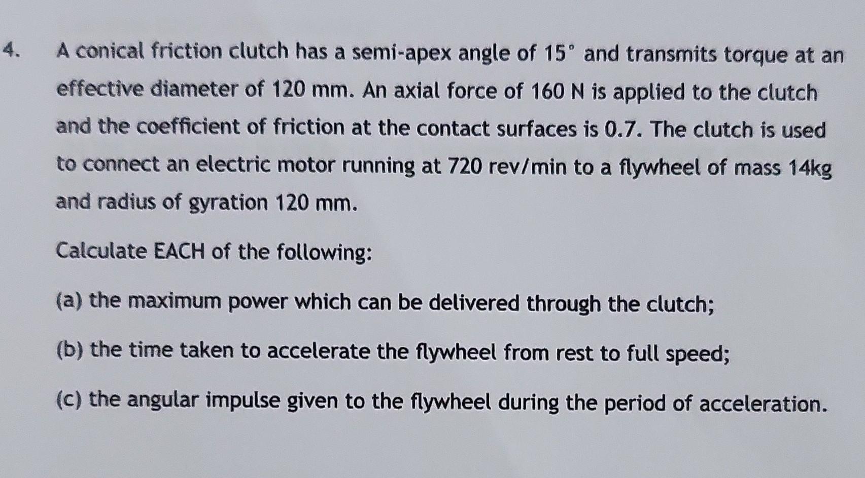 Solved A conical friction clutch has a semi-apex angle of | Chegg.com