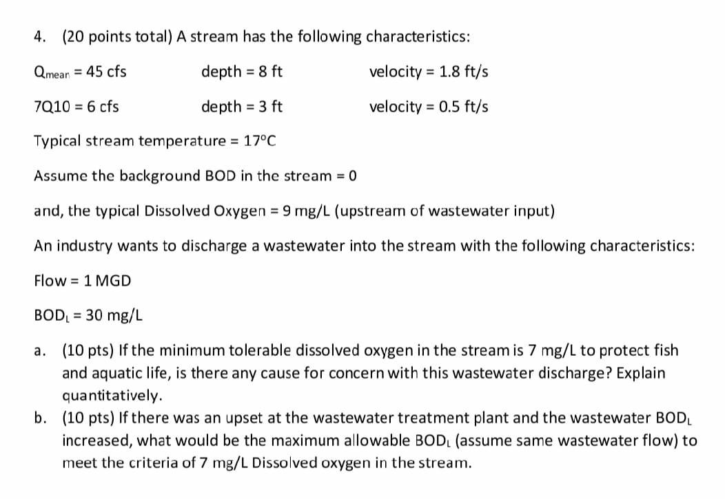Solved 4. (20 points total) A stream has the following | Chegg.com