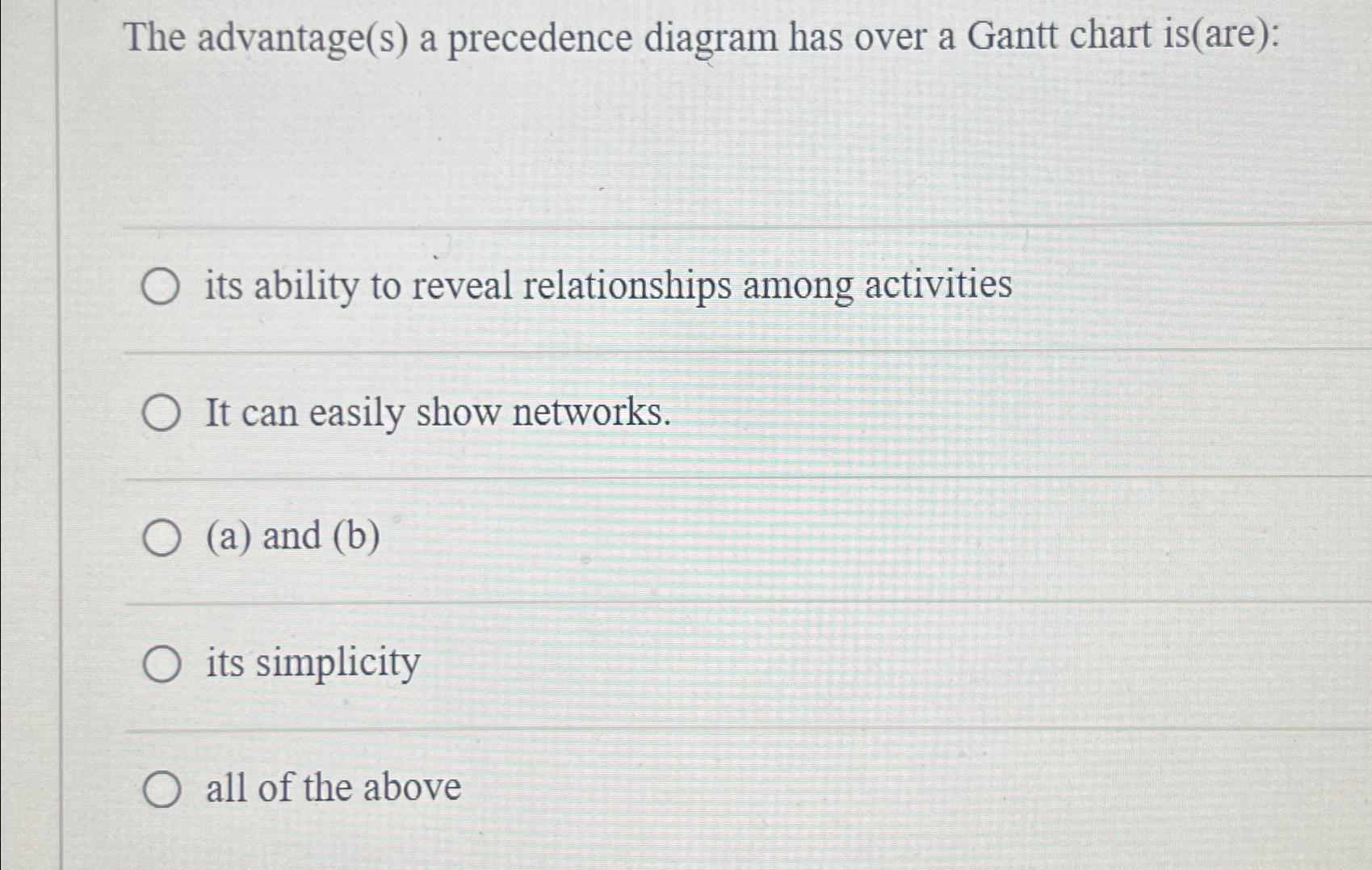 Solved The advantage(s) ﻿a precedence diagram has over a | Chegg.com