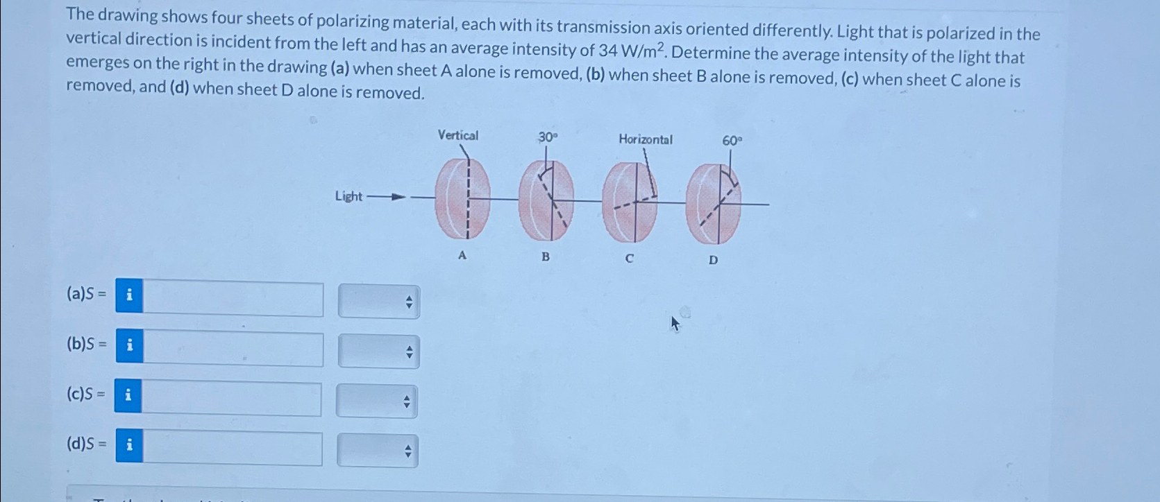 Solved The drawing shows four sheets of polarizing material, | Chegg.com