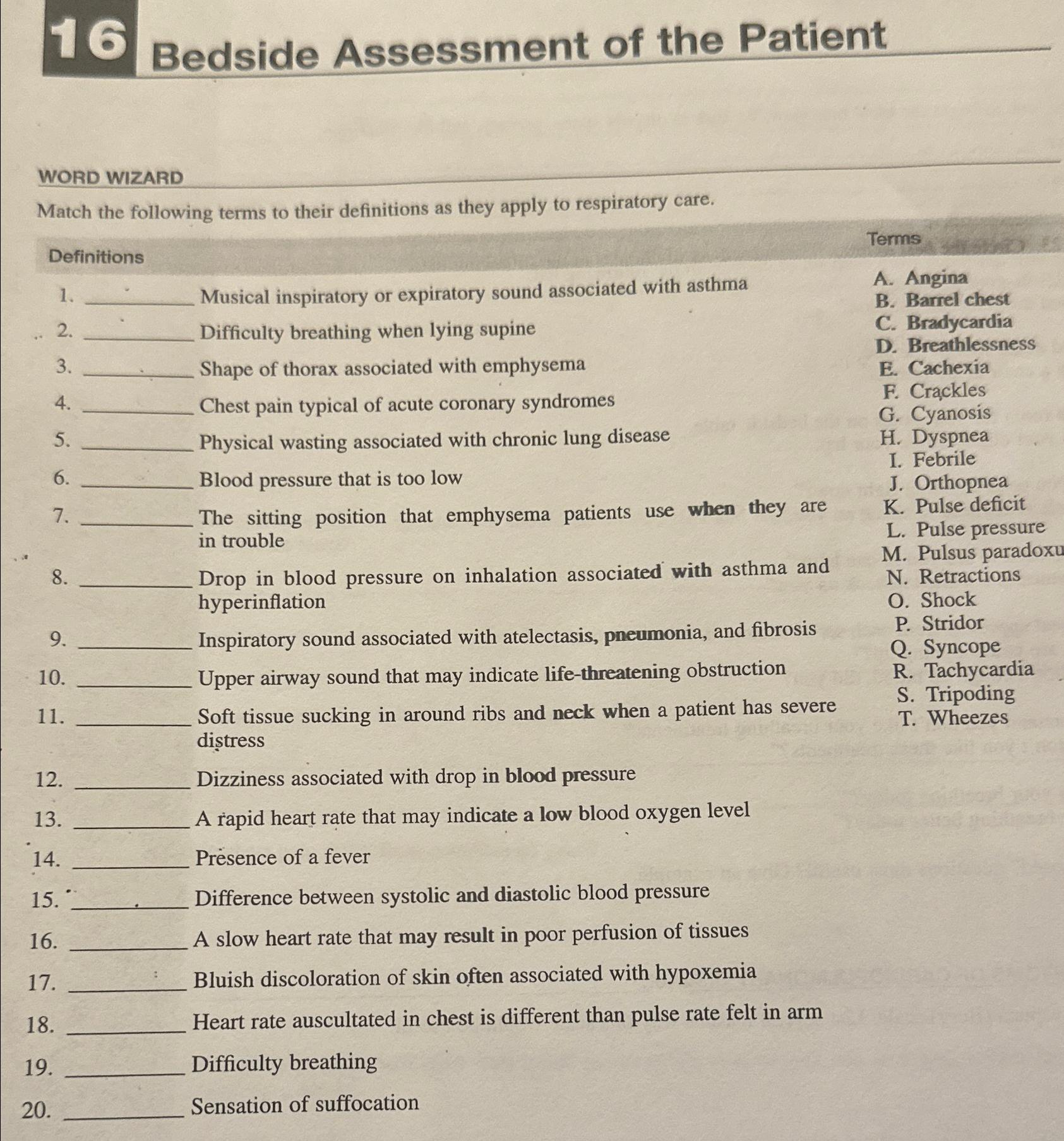 Solved 16 ﻿Bedside Assessment of the PatientWORD WIZARDMatch | Chegg.com