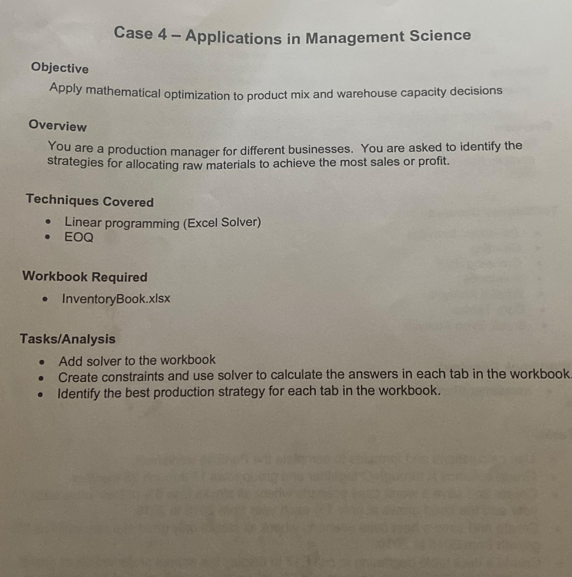 Solved Case 4 - ﻿Applications in Management | Chegg.com