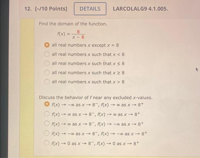 Solved Find the domain of the function. f(x)=x−88 all real | Chegg.com