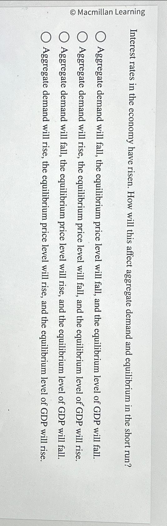 Solved Aggregate demand will fall, the equilibrium price | Chegg.com