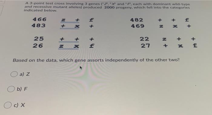 Solved A 3-point test cross involving 3 genes ("Z" and "F", | Chegg.com
