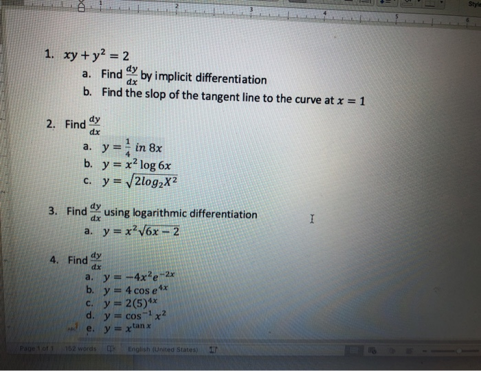 Solved Style 1. xy + y2 = 2 a. Find by implicit | Chegg.com