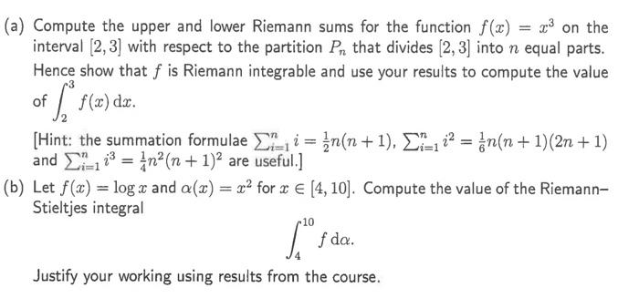 Solved A Compute The Upper And Lower Riemann Sums For The