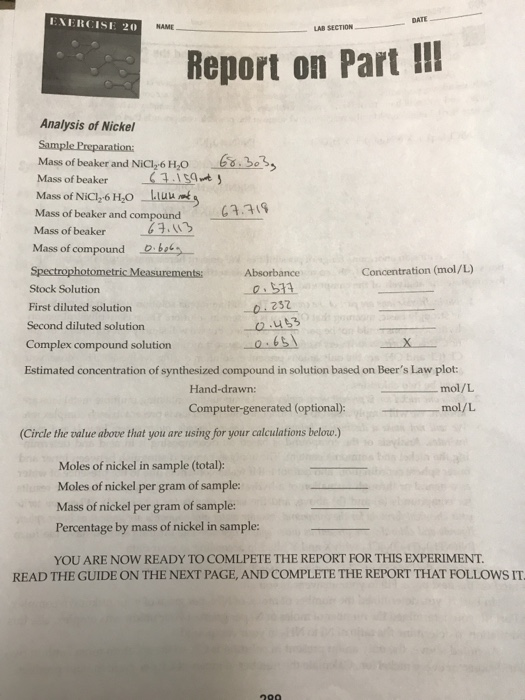 Solved EXERCISE 20 NAME LAB SECTION Report on Part III | Chegg.com