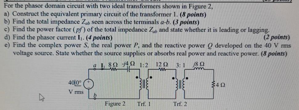 Solved For the phasor domain circuit with two ideal | Chegg.com