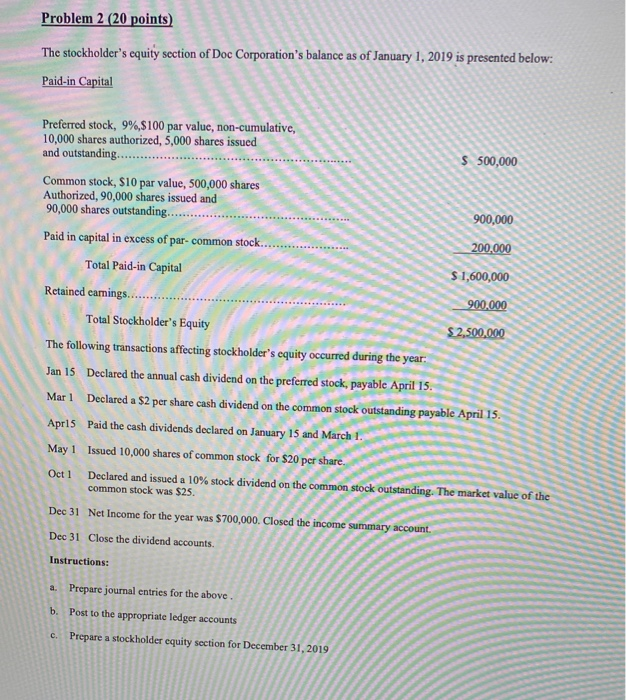 Solved Problem 2 (20 points) The stockholder's equity | Chegg.com