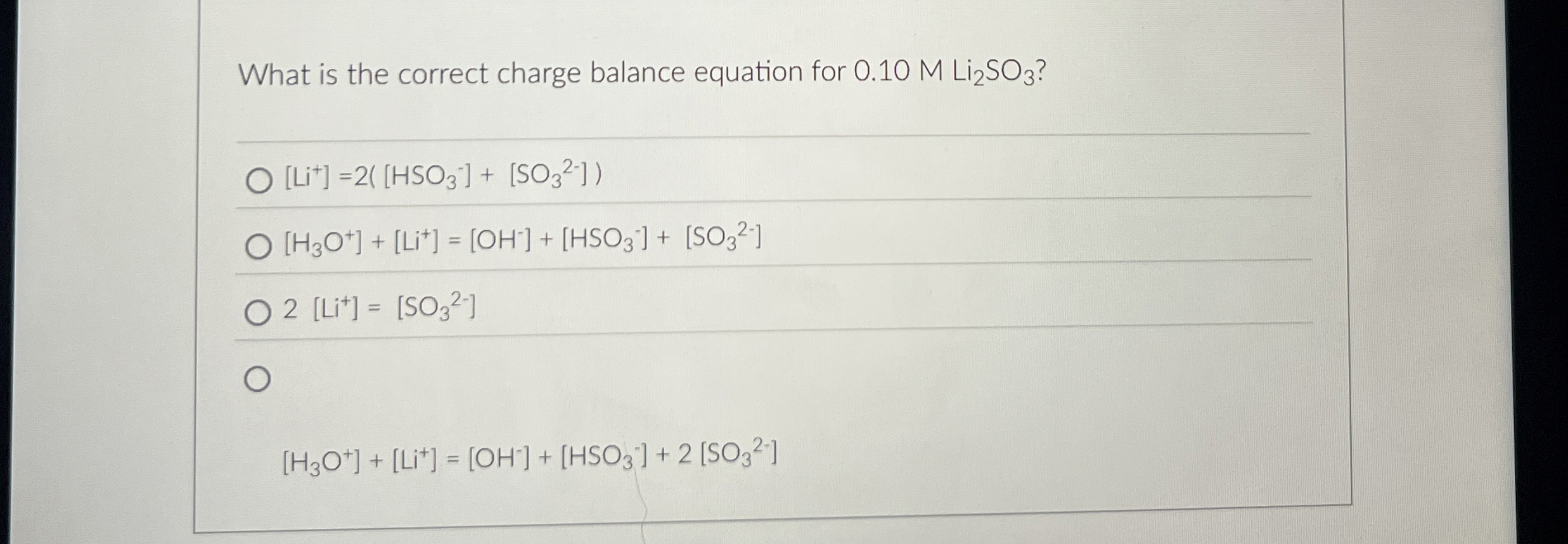 Solved What is the correct charge balance equation for | Chegg.com