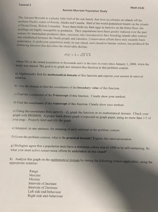 Solved Tutorial 2 Math 0130 Ancient Murrelet Population | Chegg.com