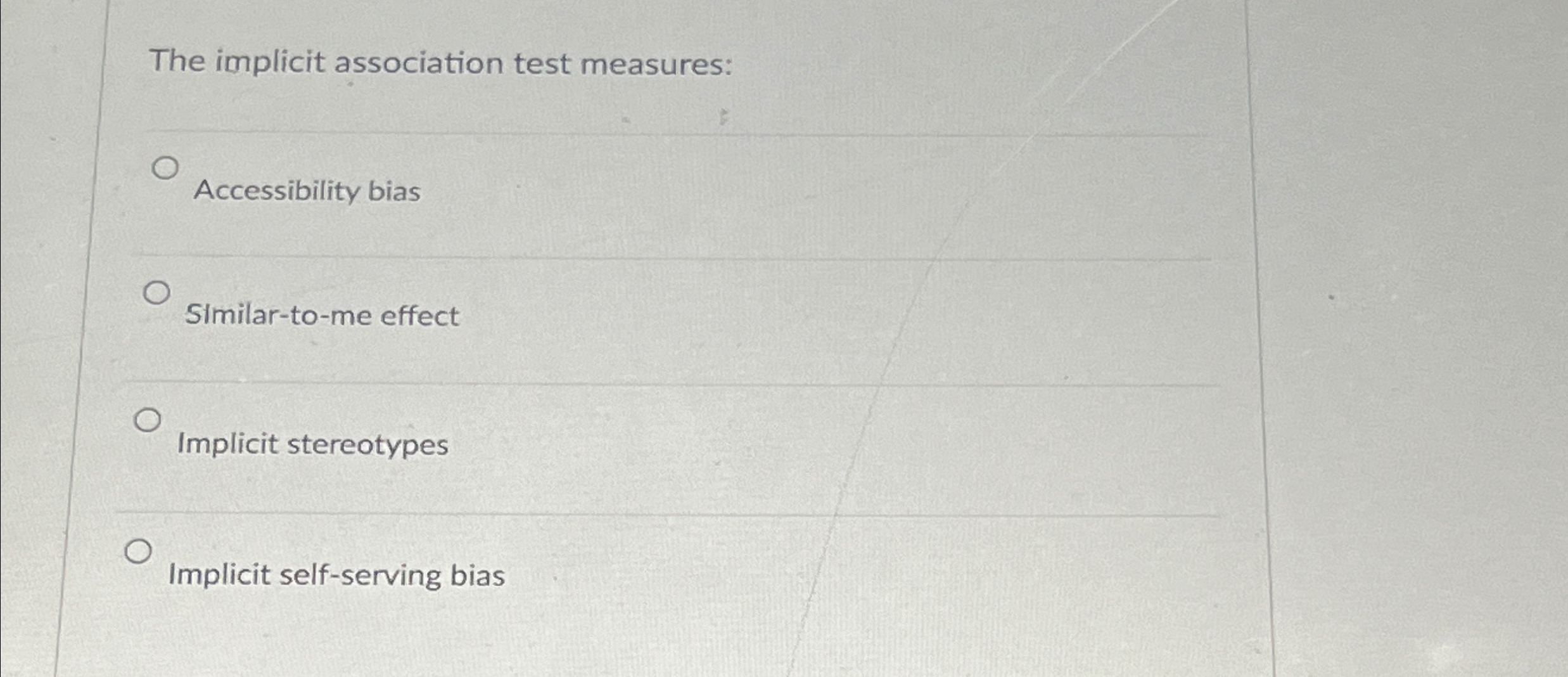 Solved The implicit association test measures:Accessibility | Chegg.com