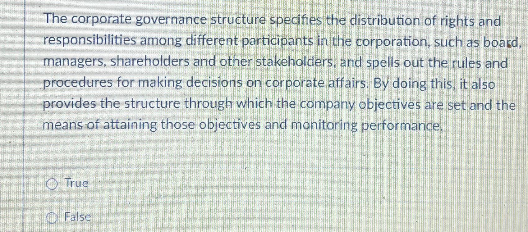 Solved The corporate governance structure specifies the | Chegg.com