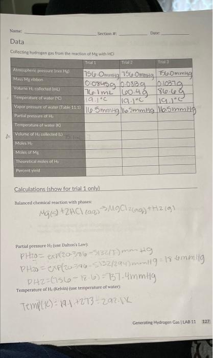 Solved Name: Section Date Data Collecting hydrogen gas from | Chegg.com